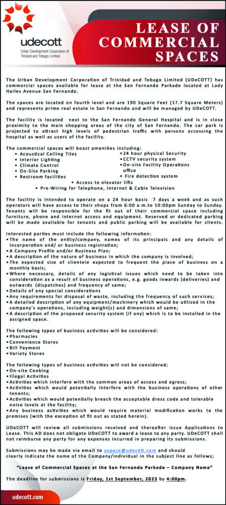 Lease of Commercial Spaces at the San Fernando Parkade | UDeCOTT Website