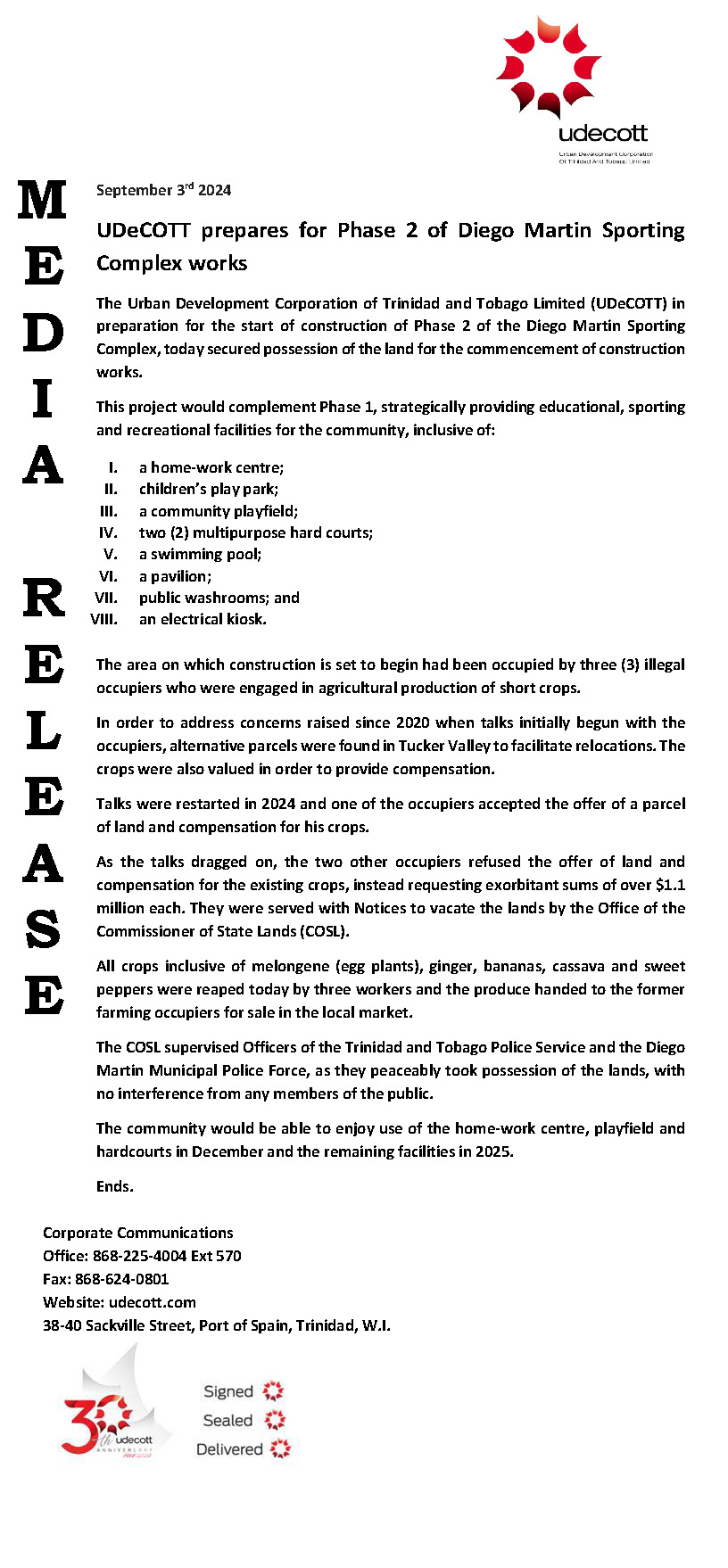 Media Release – UDeCOTT prepares for Phase 2 of Diego Martin Sporting ...