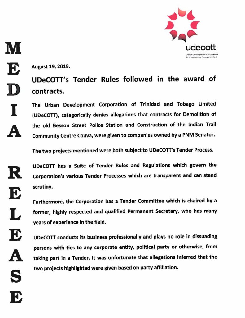 Media Release – UDeCOTT’s Tender Rules followed in the award of contracts | UDeCOTT Website
