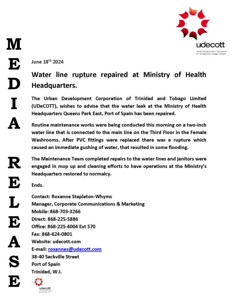 Media Release – Water line rupture repaired at Ministry of Health ...