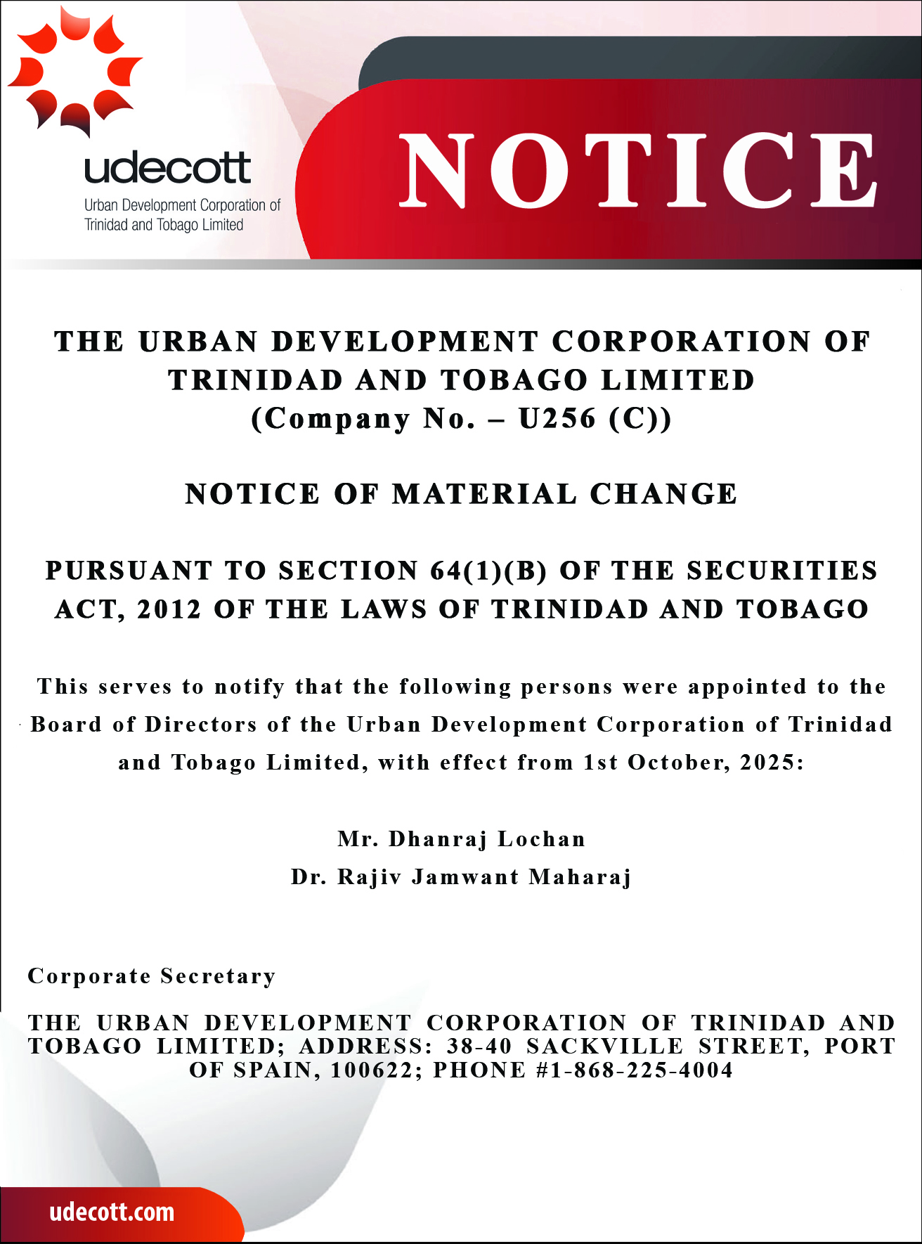 Notice of Material Change – UDeCOTT’s Board of Directors | UDeCOTT Website